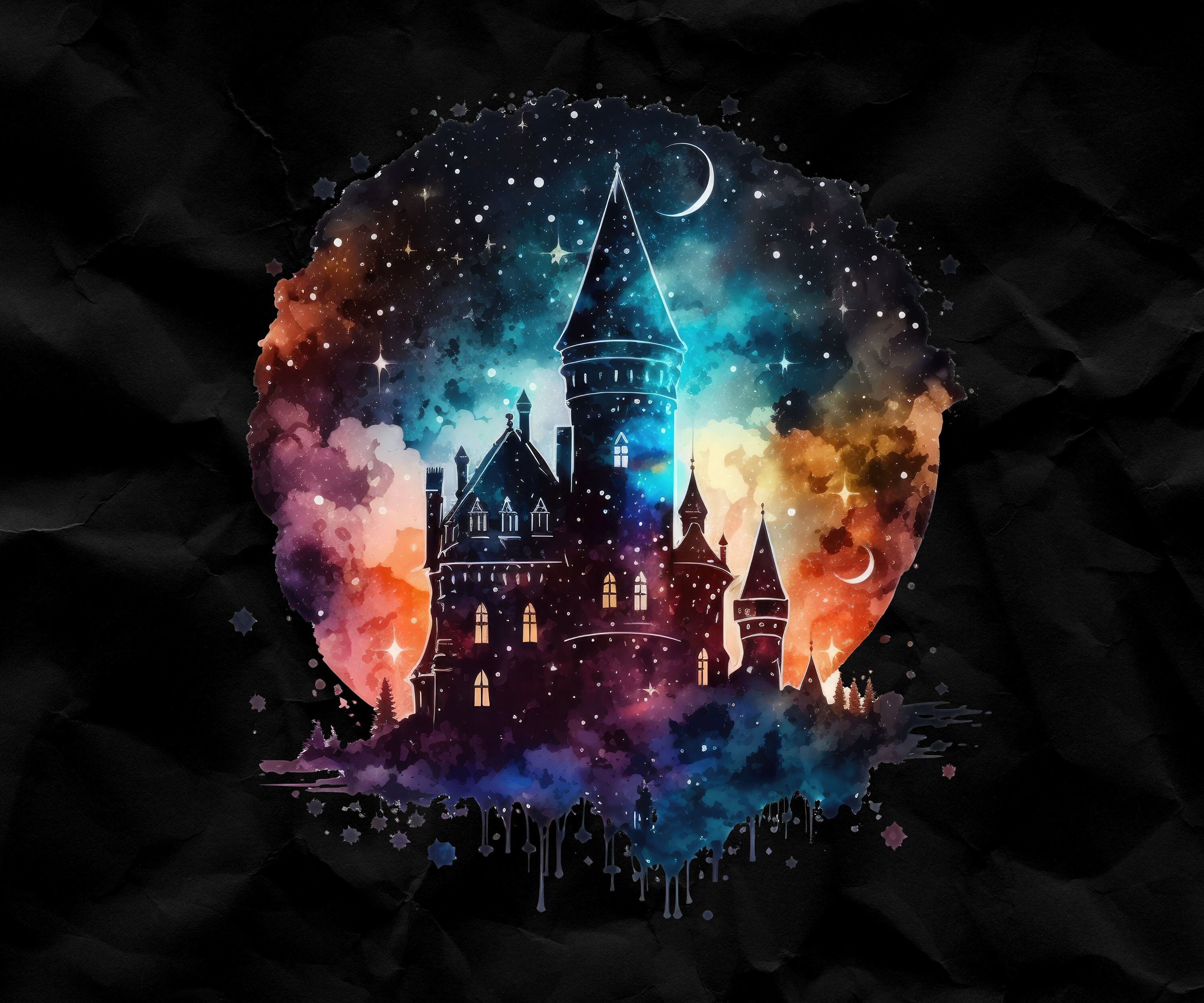 Watercolor Starry Castle Clipart Bundle, 5 Pngs, 300 DPI, Magical ...