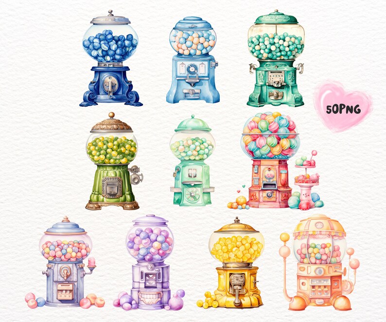 Candy Machine Clipart Bundle, Vintage Watercolor Gumball Candy Machines ...