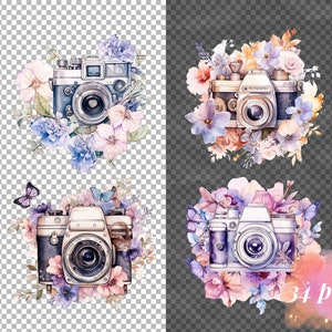 Watercolor Camera Clipart - Set of 34 Pngs,vintage Cameras Adorned With ...