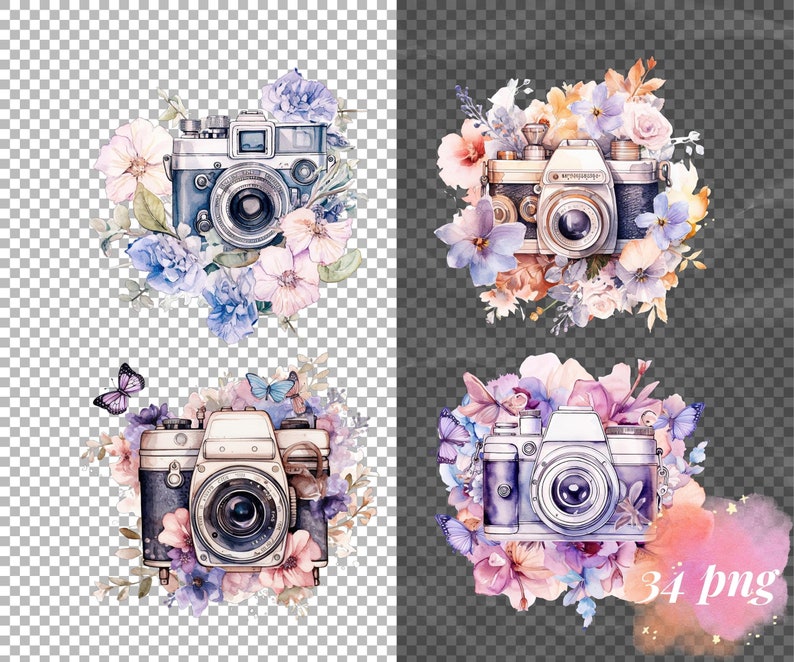 Watercolor Camera Clipart Set of 34 Pngs,vintage Cameras Adorned With ...