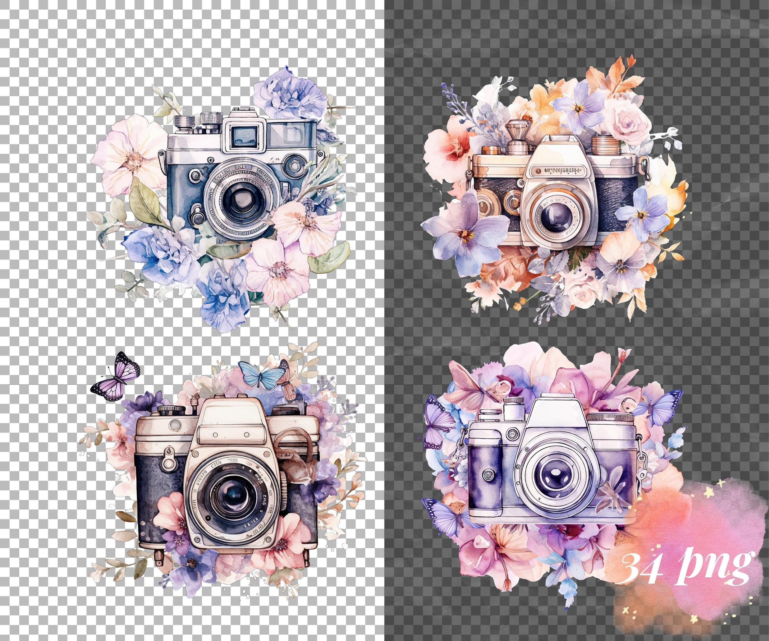 Watercolor Camera Clipart Set of 34 Pngs,vintage Cameras Adorned With ...