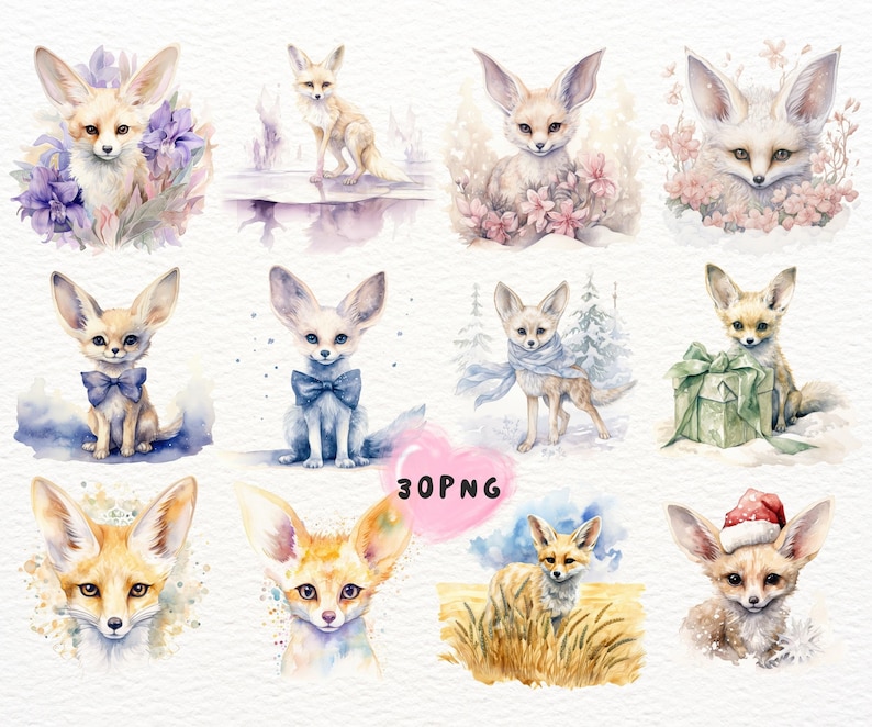 Whimsical Fennec Fox Clipart Bundle PNG Watercolor Baby Fox Images for ...