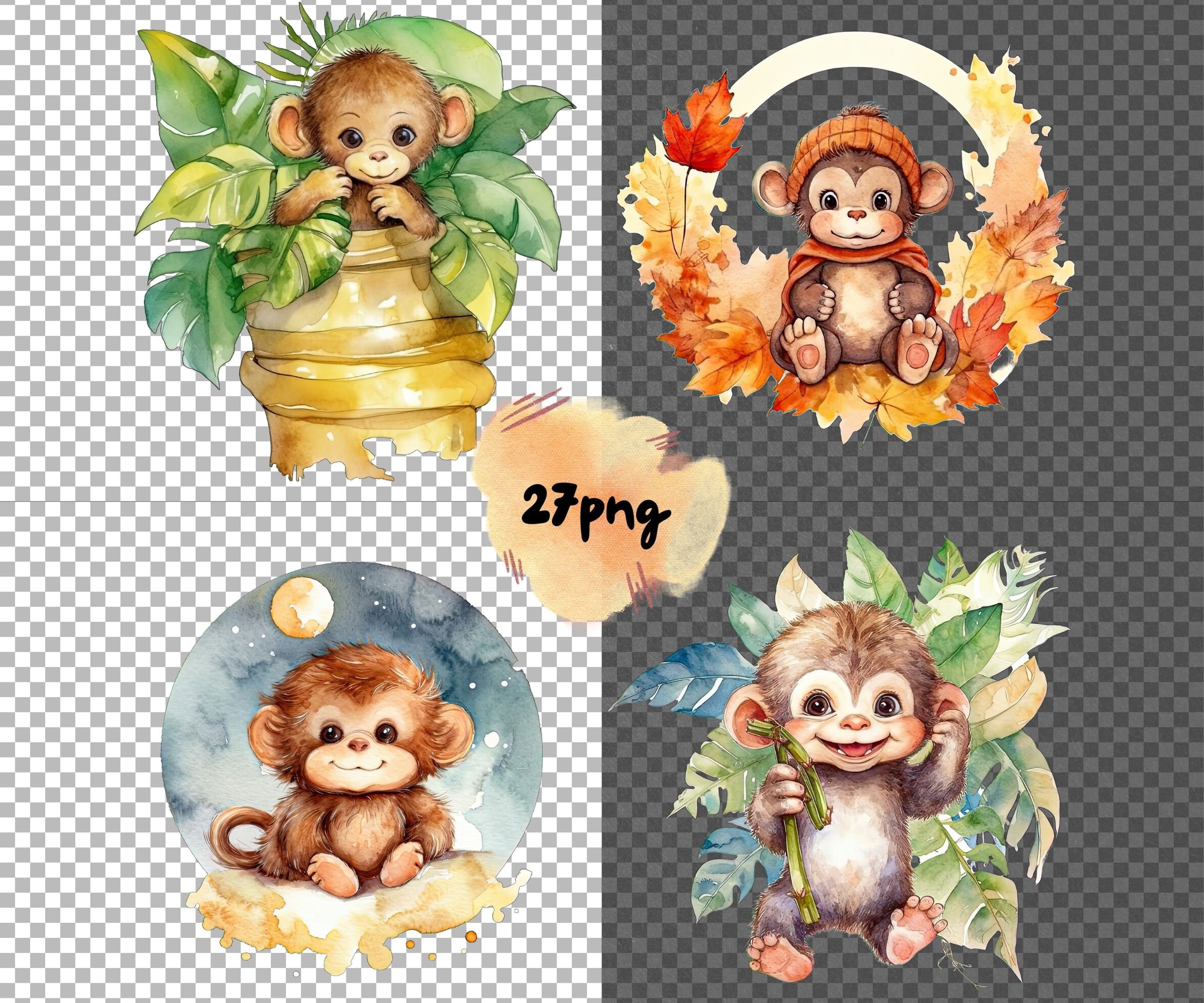 Chubby Monkeys Watercolor Clipart - Cute Kawaii Cartoon Monkeys, Baby ...
