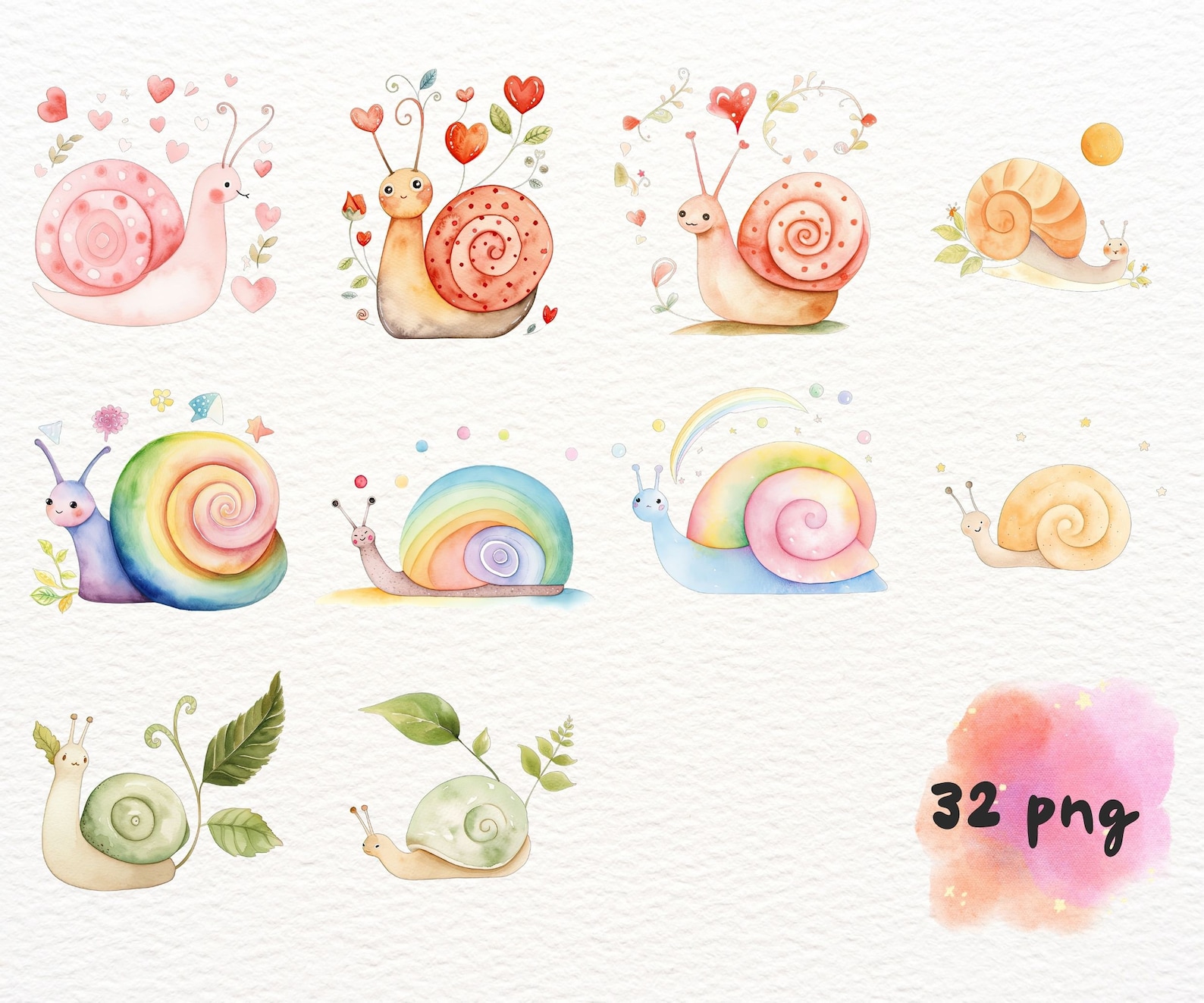 Cartoon Snails Watercolor Clipart Cute Kawaii Chubby Snails, Adorable ...