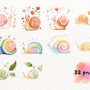 Cartoon Snails Watercolor Clipart - Cute Kawaii Chubby Snails, Adorable ...