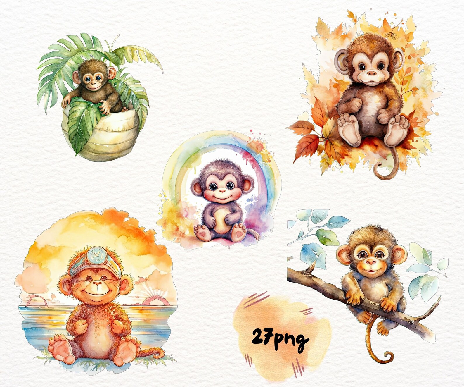Chubby Monkeys Watercolor Clipart - Cute Kawaii Cartoon Monkeys, Baby ...