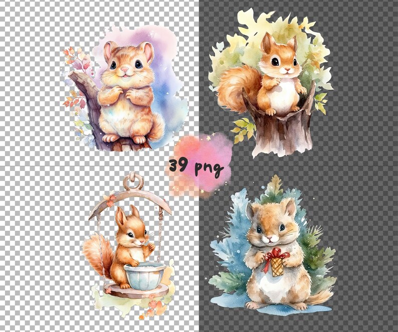 Chubby Squirrels Watercolor Clipart Cute Kawaii Cartoon Squirrels, Baby ...