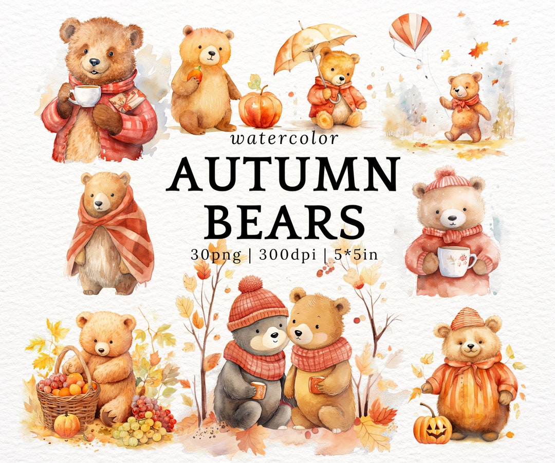 Autumn Bear Clipart, Kawaii Cartoon Cuddly Bear With Fall Leaves, Cute ...