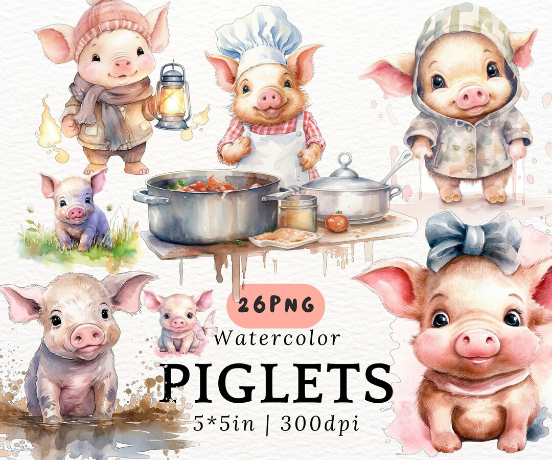 Chubby Piglets Watercolor Clipart - Cute Kawaii Cartoon Piglets, Baby ...