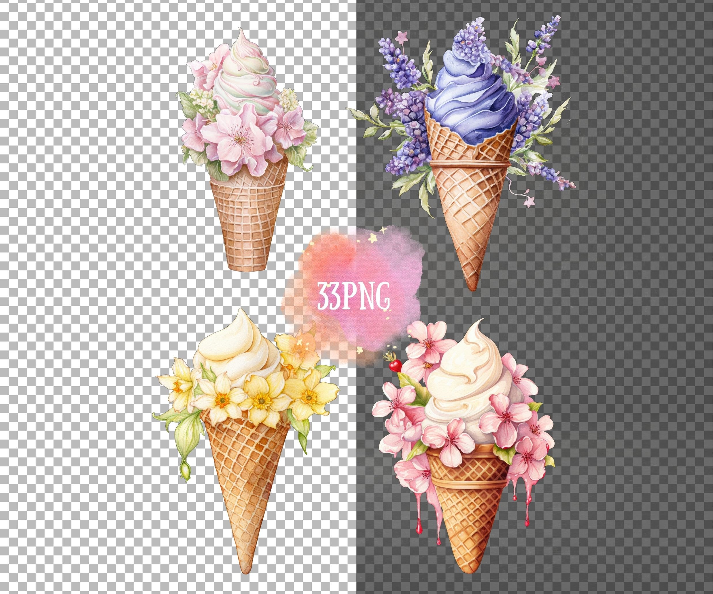 Watercolor Ice Cream Cone Clipart Ice Cream With - Etsy