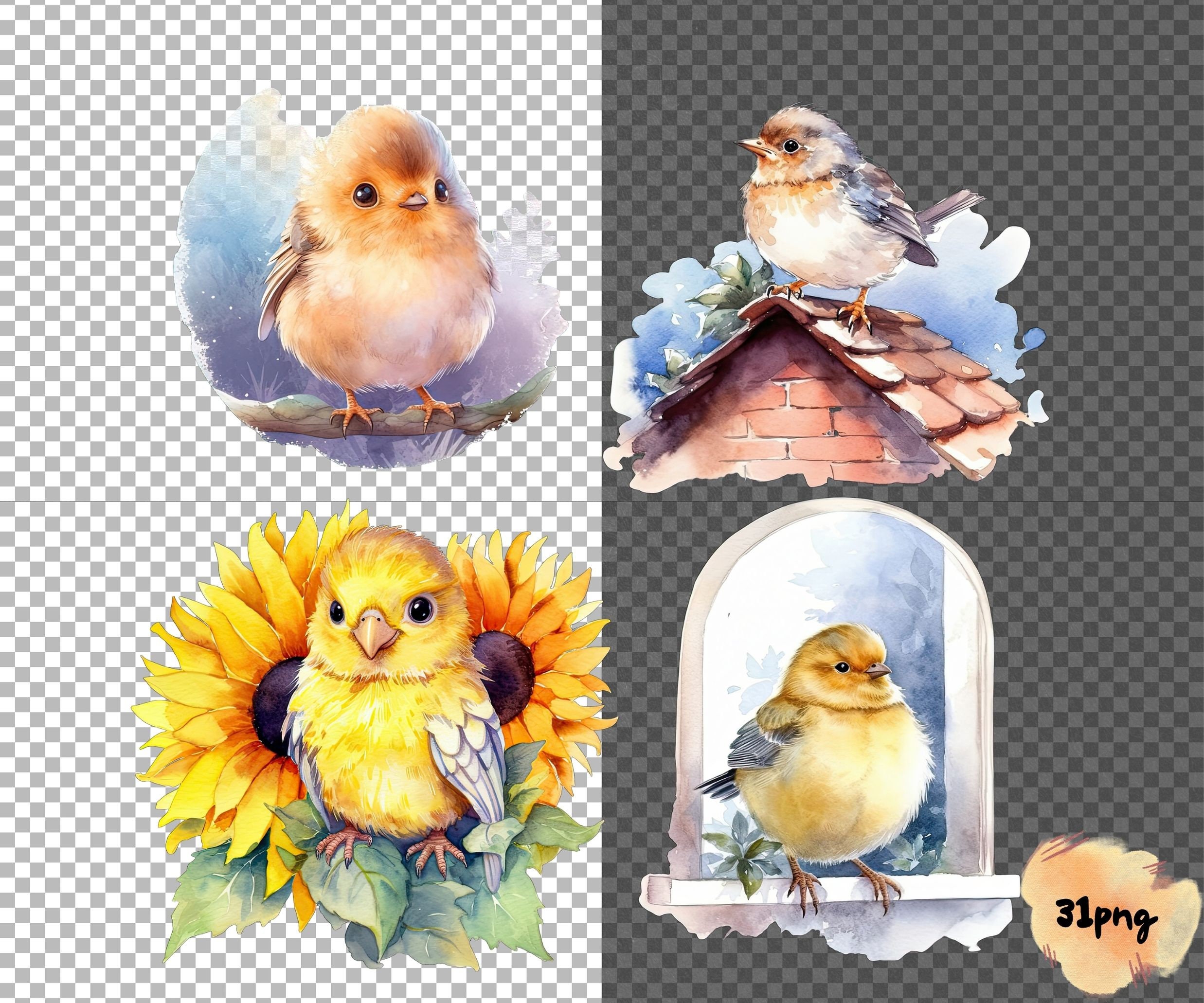 Chubby Birds Watercolor Clipart Cute Kawaii Cartoon Birds - Etsy