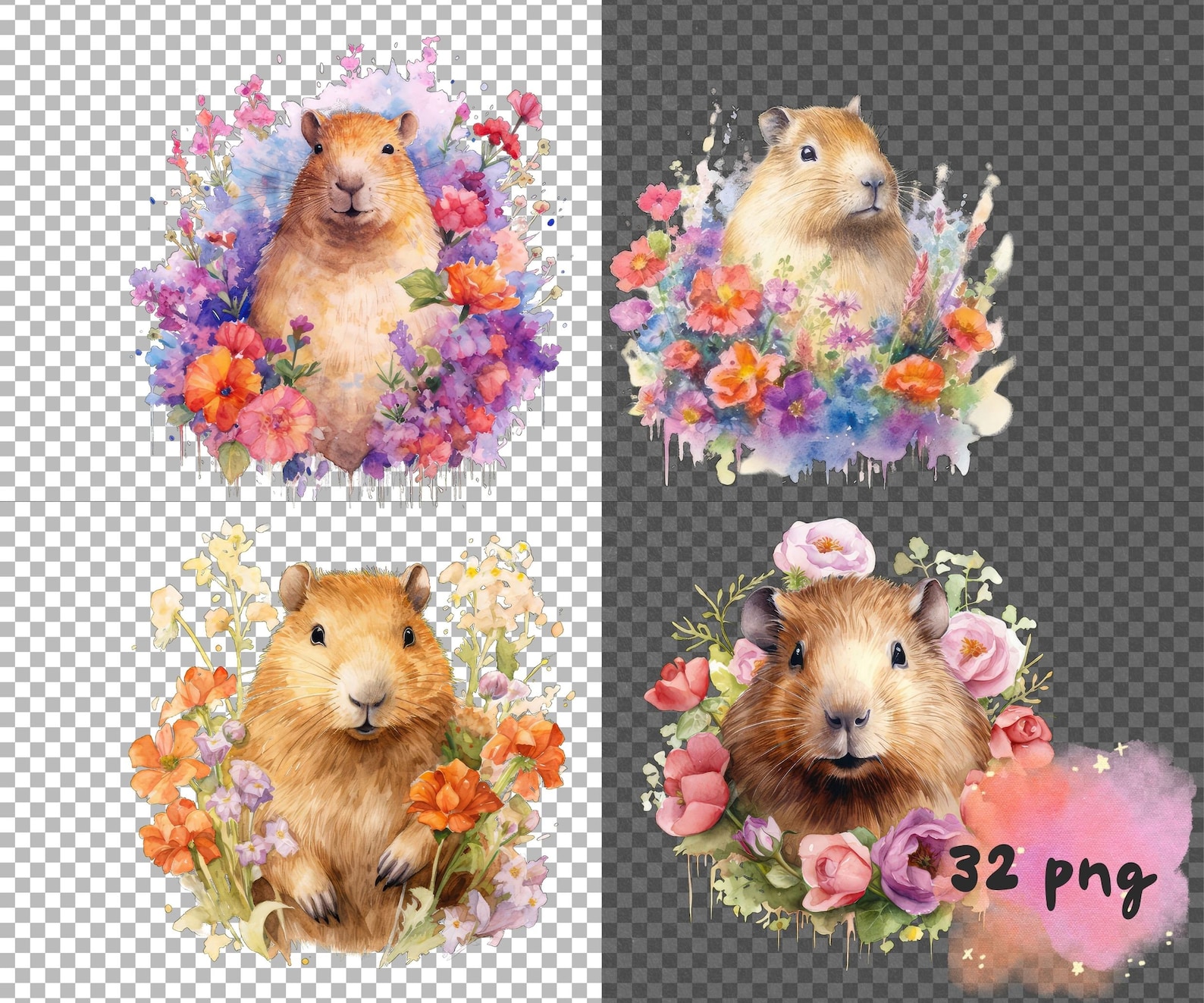 Chubby Capybaras Watercolor Clipart Cute Kawaii Cartoon Capybaras, Baby ...