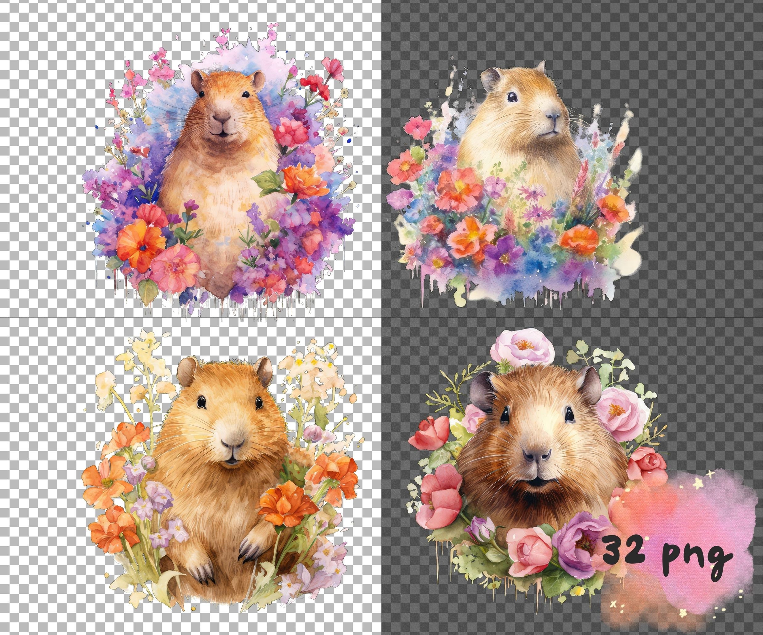 Chubby Capybaras Watercolor Clipart Cute Kawaii Cartoon Capybaras, Baby ...
