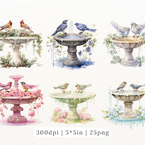 Watercolor Bird Clipart, Vintage Birdbath Clipart, Spring Clipart ...