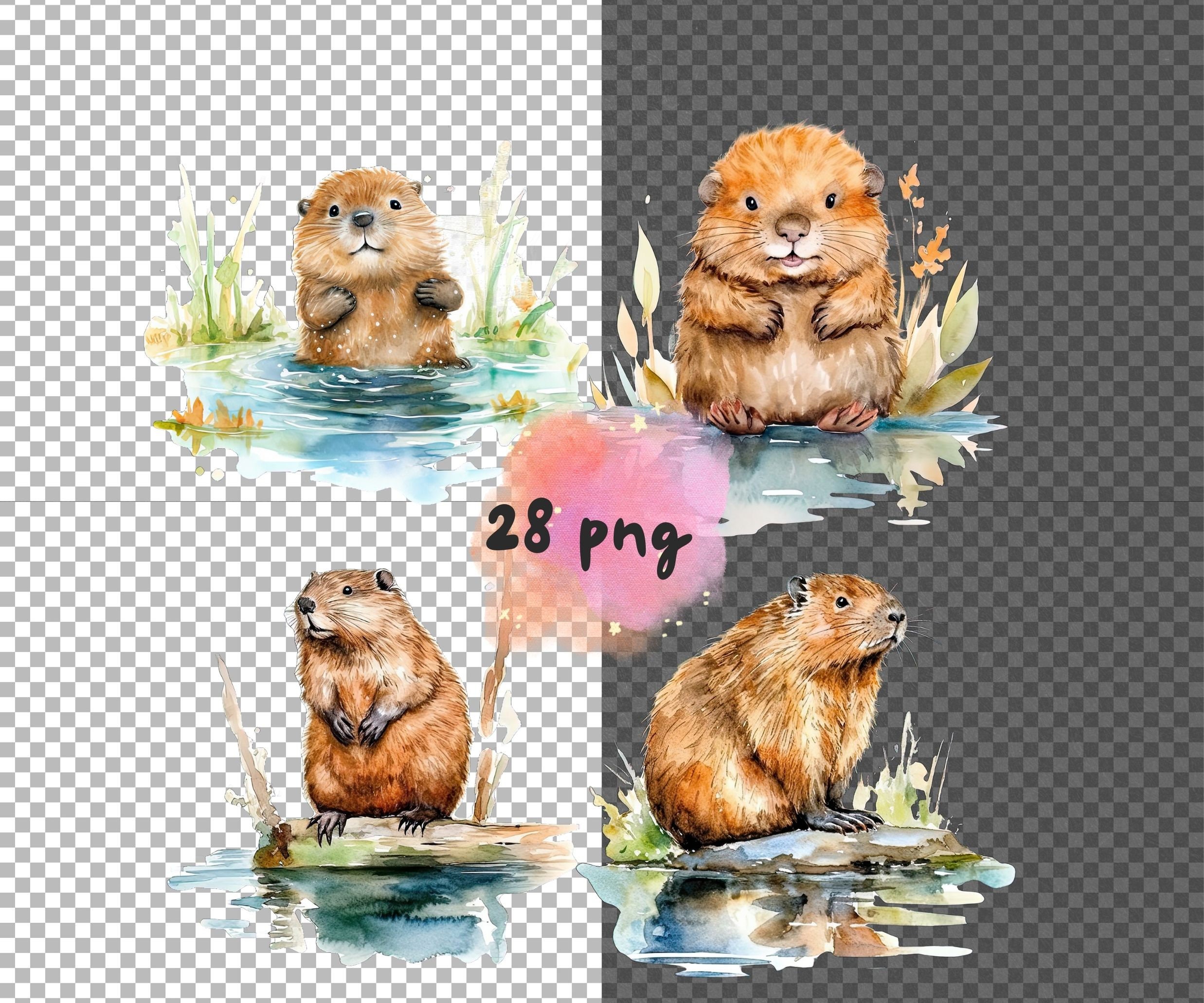 Chubby Beavers Watercolor Clipart Cute Kawaii Cartoon Beavers, Baby ...