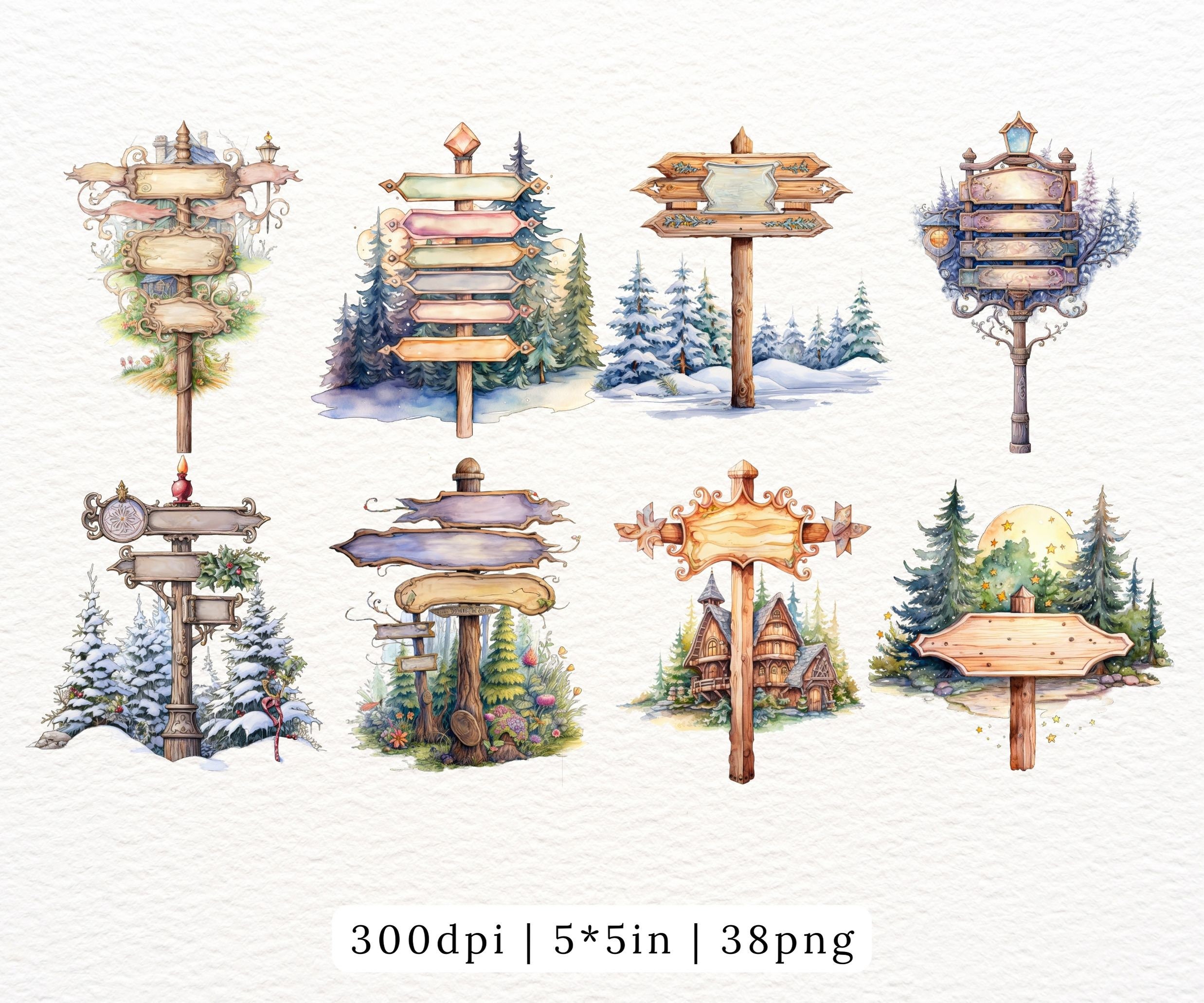Watercolor Wooden Sign Clipart, Vintage Forest Magical Road Signs With ...