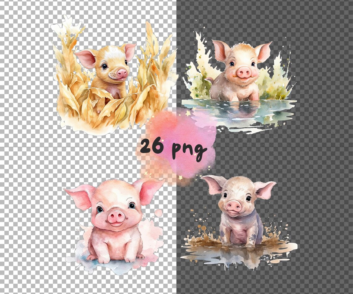 Chubby Piglets Watercolor Clipart Cute Kawaii Cartoon - Etsy