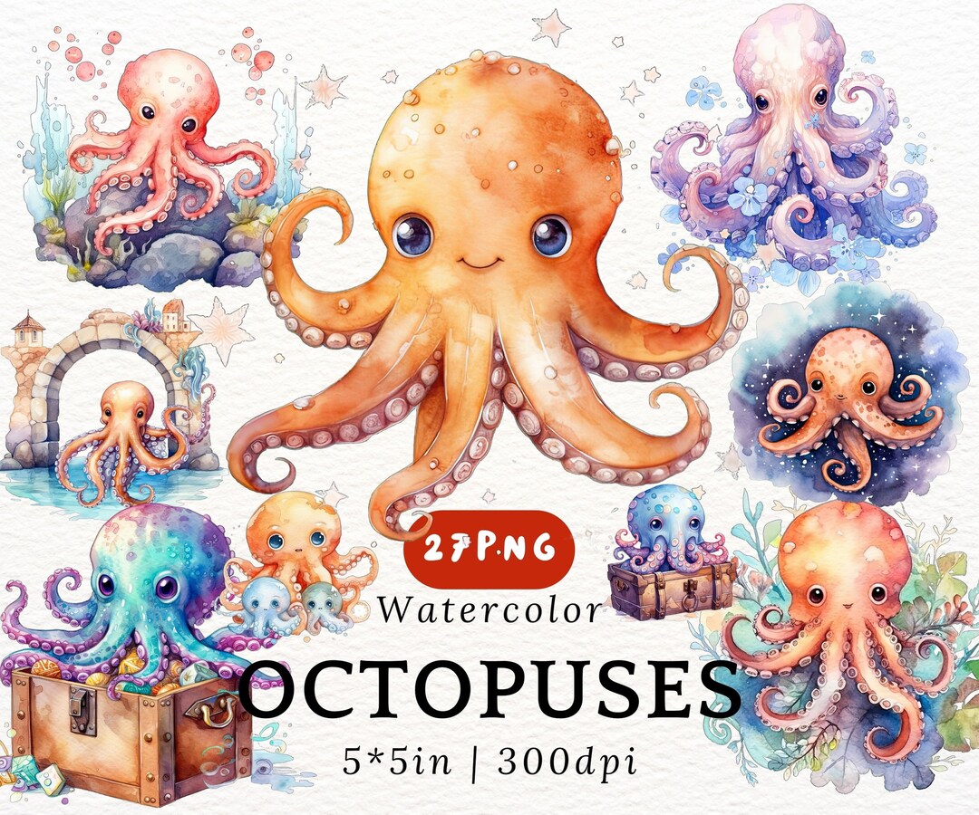 Chubby Octopuses Watercolor Clipart - Cute Kawaii Cartoon Octopuses ...