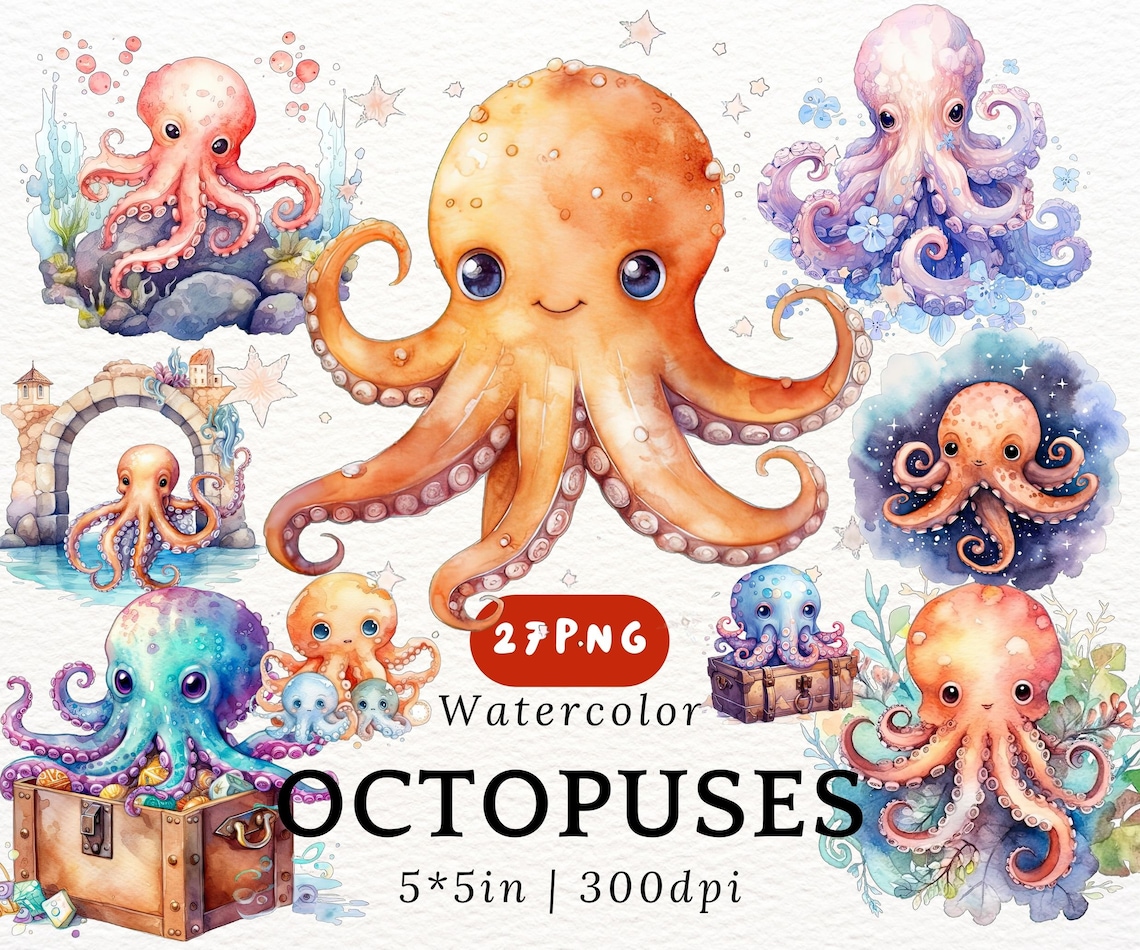 Chubby Octopuses Watercolor Clipart Cute Kawaii Cartoon Octopuses, Baby ...