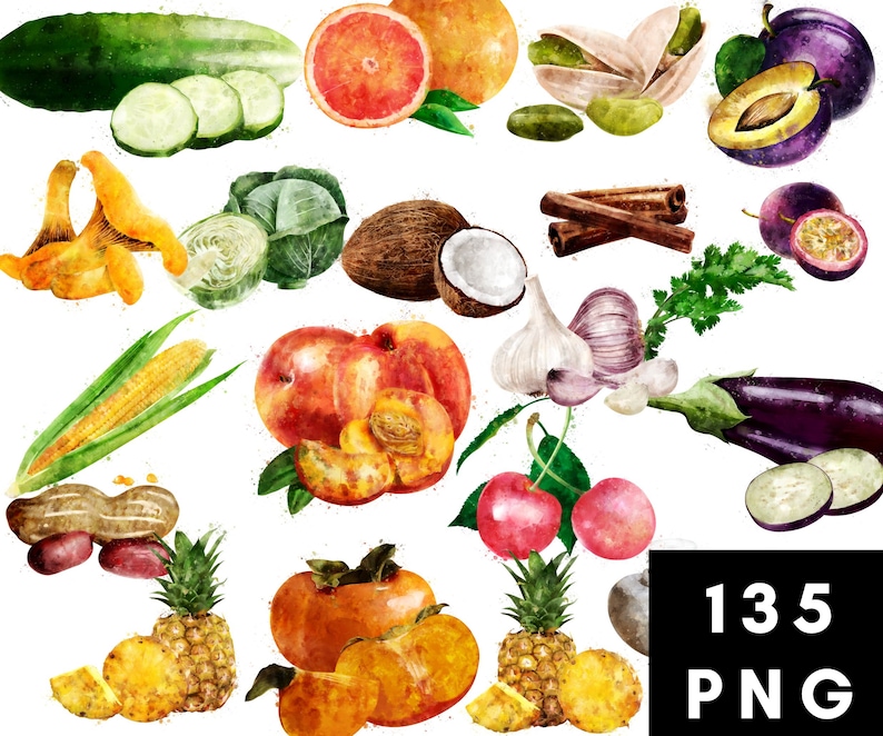Watercolor Fruits and Vegetables Pngs With Transparent Backgrounds ...