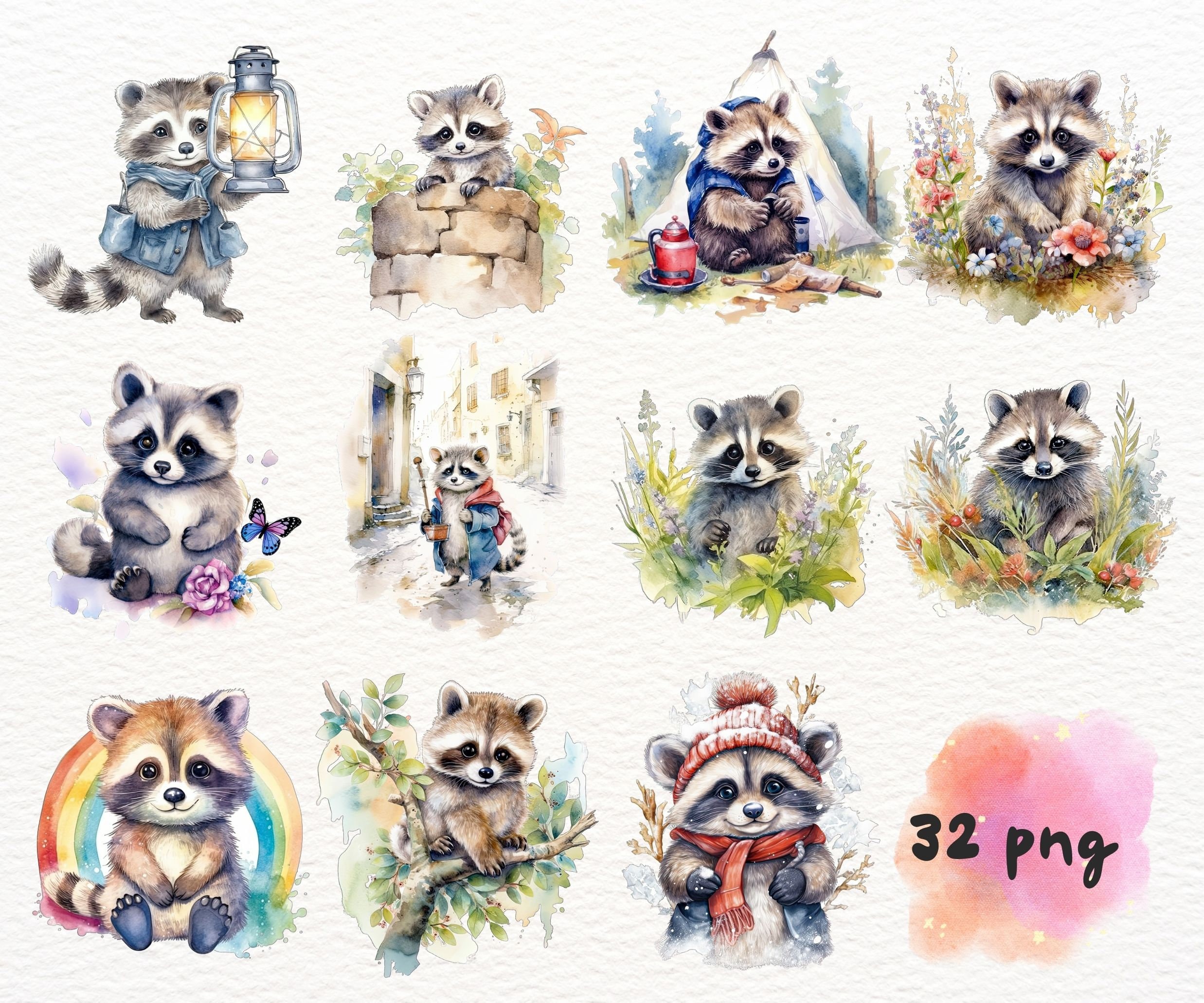 Chubby Raccoon Watercolor Clipart Cute Kawaii Cartoon Raccoons, Baby ...