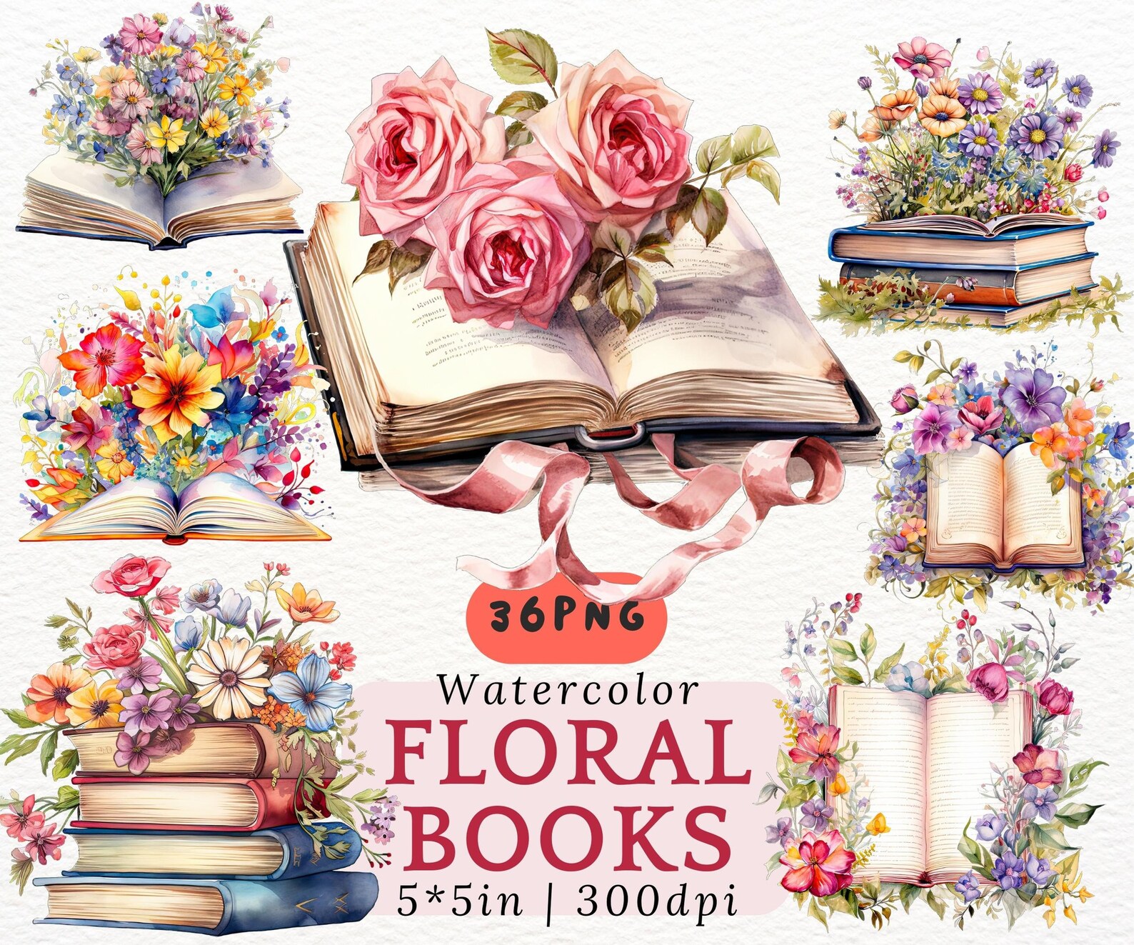 Watercolor Floral Book Clipart - Vintage Books With Flowers PNG ...