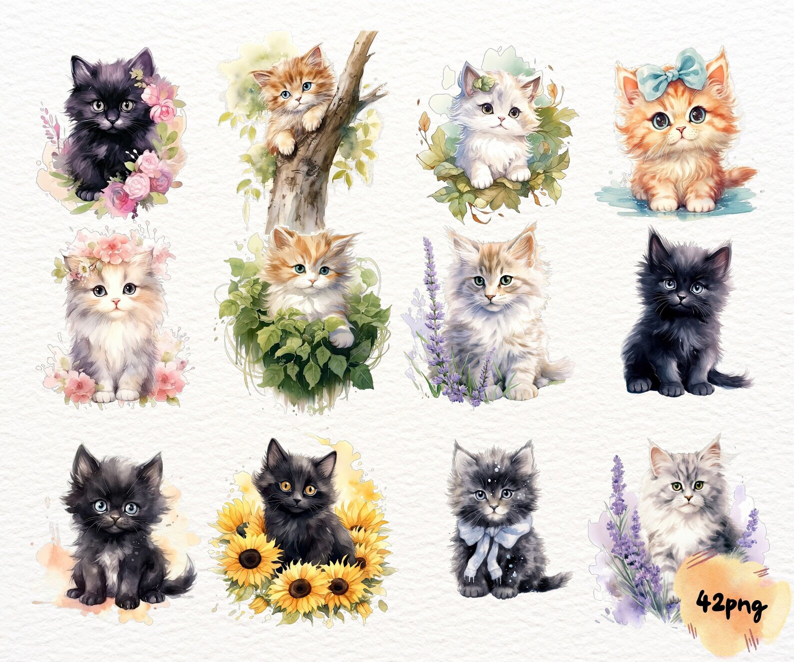 Chubby Kittens Watercolor Clipart Cute Kawaii Cartoon - Etsy