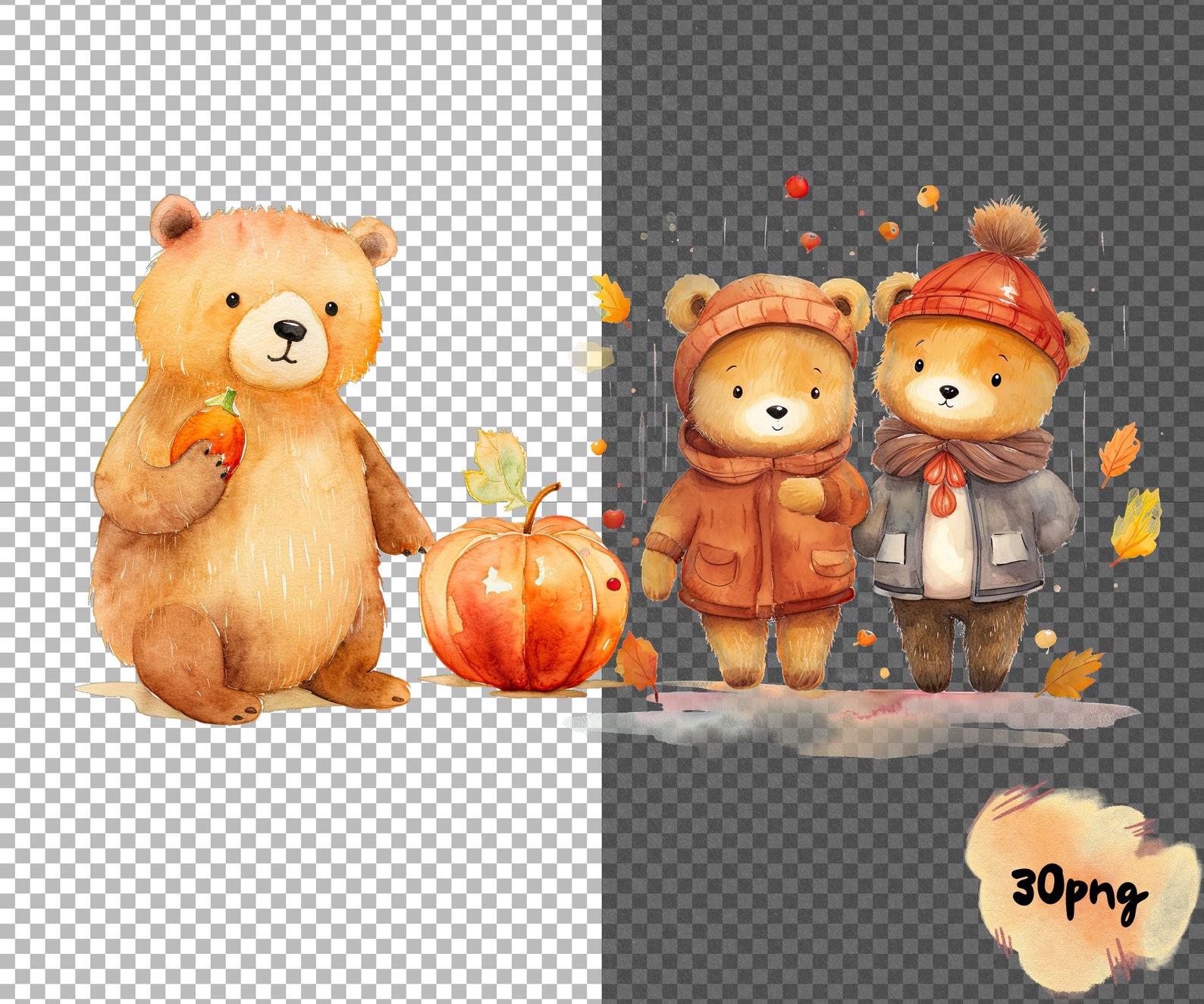 Autumn Bear Clipart, Kawaii Cartoon Cuddly Bear With Fall Leaves, Cute ...