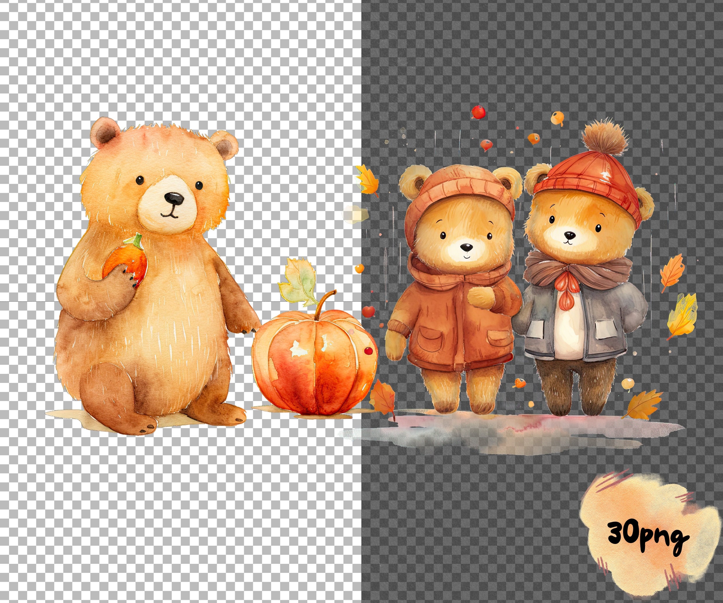 Autumn Bear Clipart, Kawaii Cartoon Cuddly Bear With Fall Leaves, Cute ...