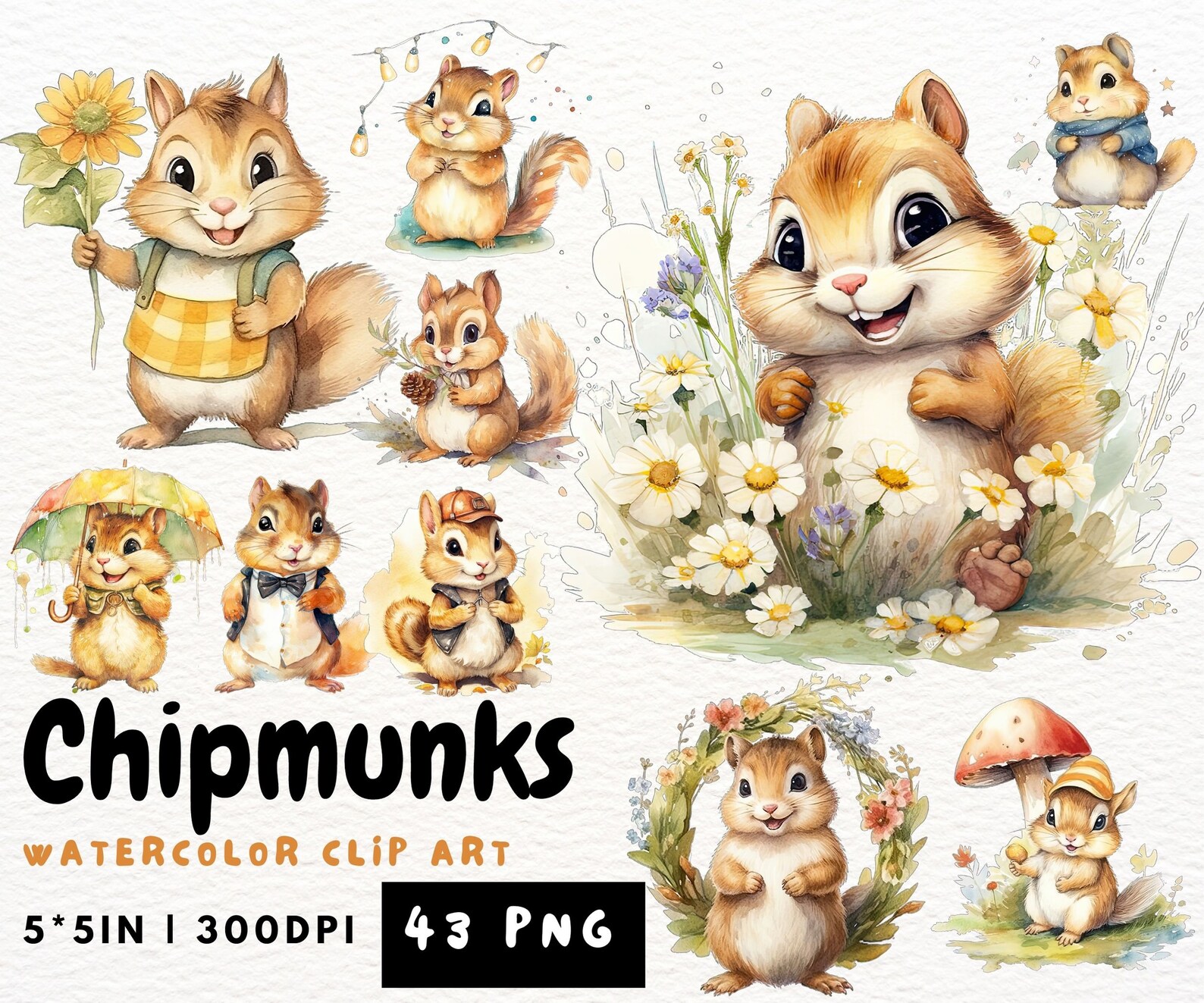 Chubby Chipmunk Watercolor Clipart Cute Kawaii Cartoon - Etsy