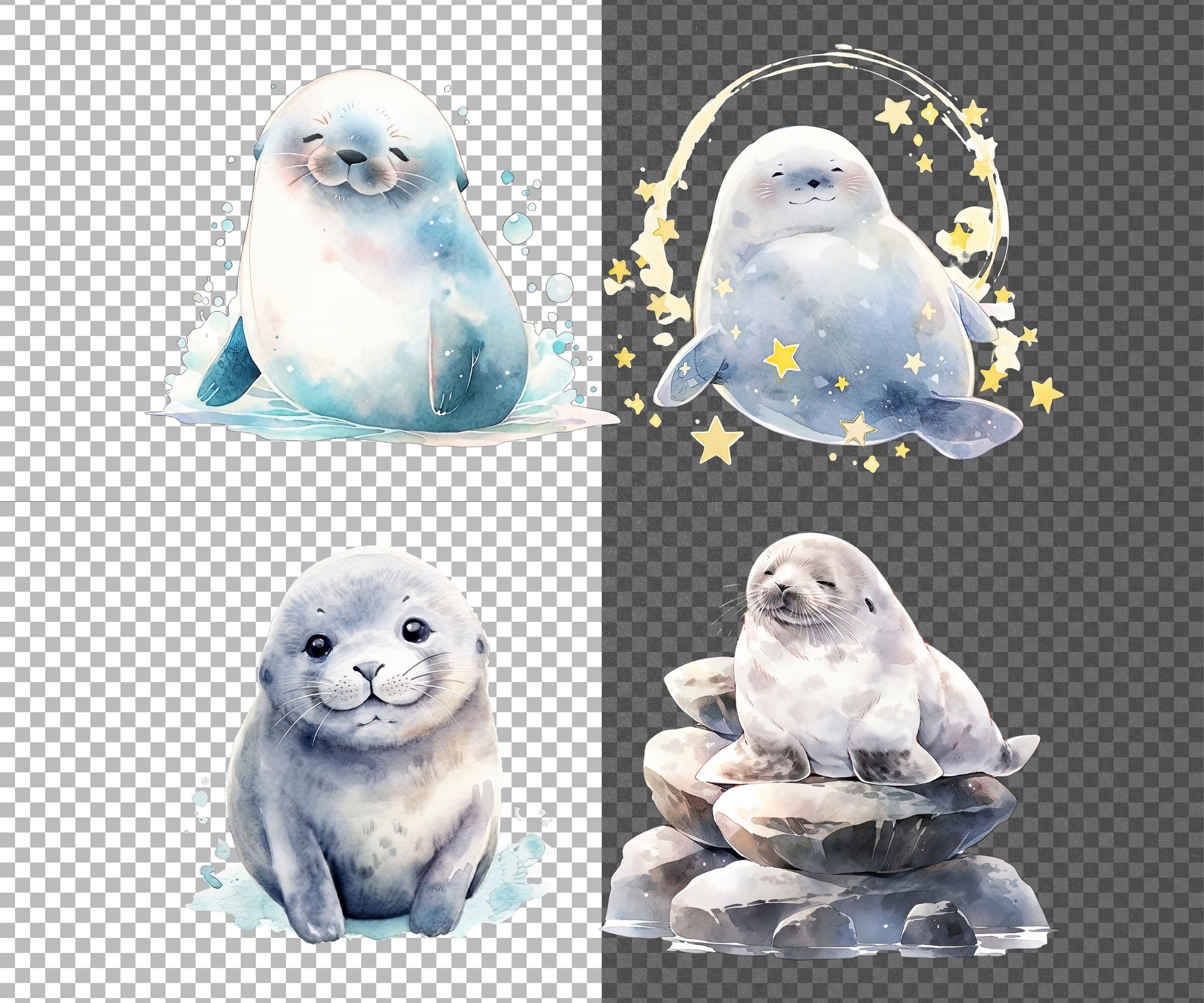 Chubby Seals Watercolor Clipart Cute Kawaii Cartoon Pinnipeds, Baby Sea ...