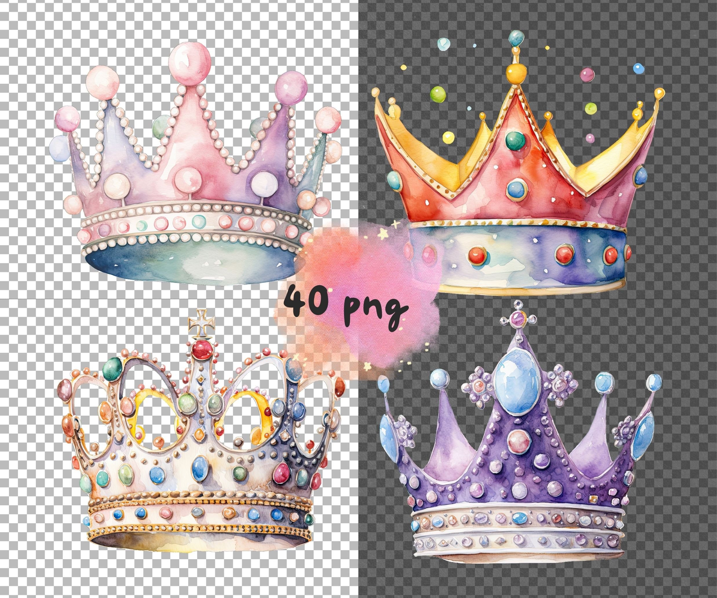 Crown Clipart, Fantasy Crown Watercolor Clipart,cartoon Pastel Pink ...