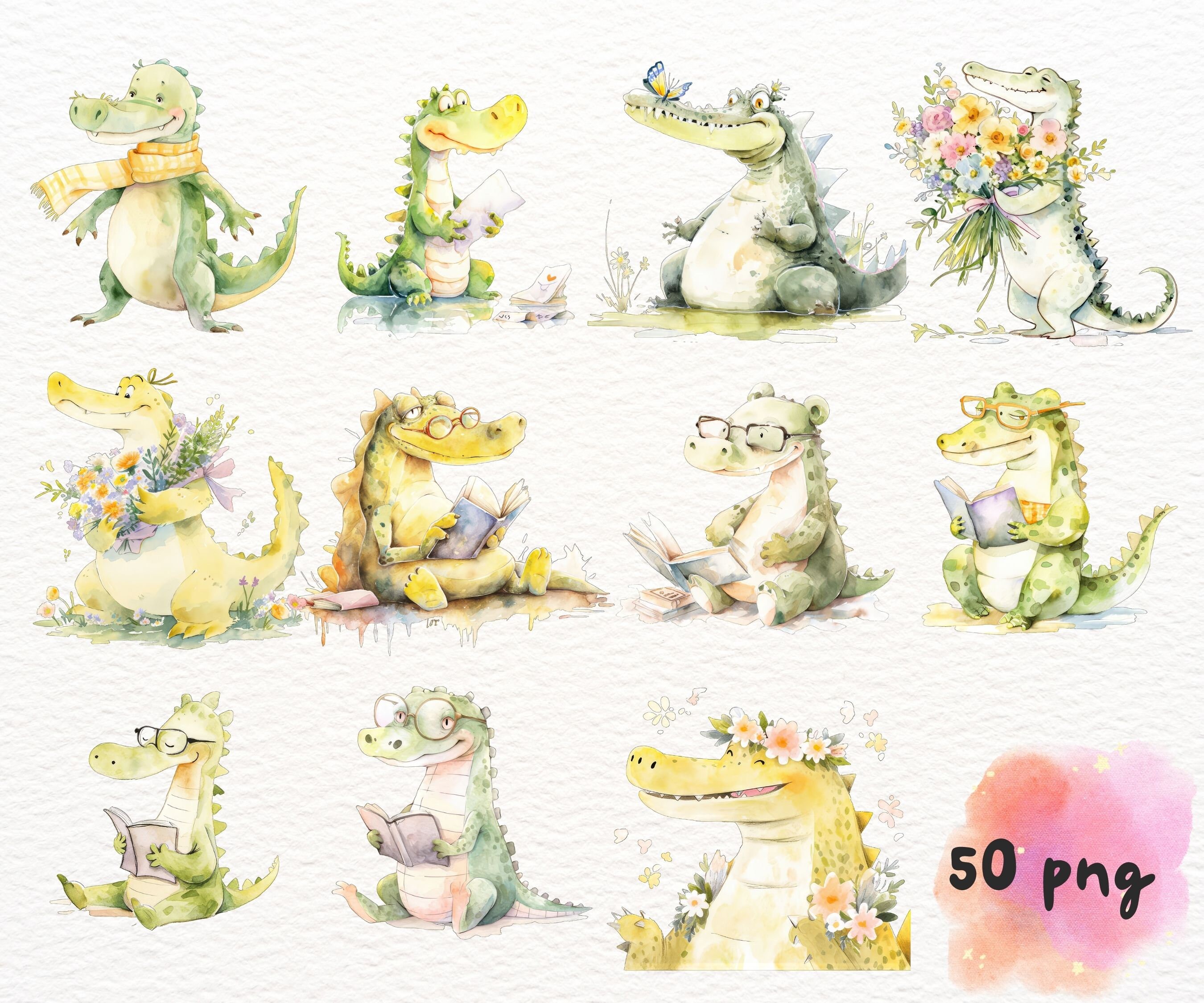 Funny Crocodile Watercolor Clipart, Cute Kawaii Cartoon Crocodile, Baby ...