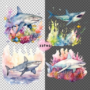 Watercolor Shark PNG Clipart,33 Cute Ocean Sharks With Bubbles, Coral ...