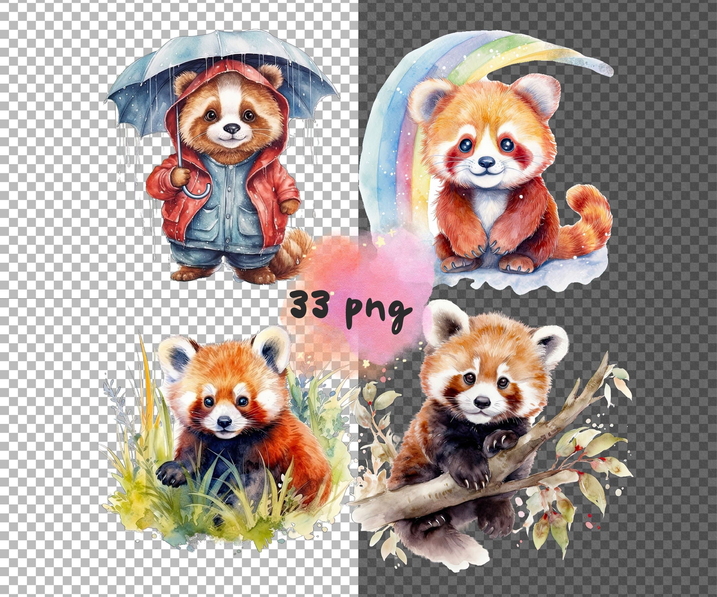 Chubby Red Pandas Watercolor Clipart Cute Kawaii Cartoon Red Pandas ...