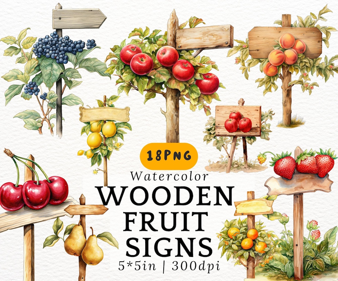 Watercolor Wooden Fruit Signs Clipart, Vintage Village Rustic Road ...