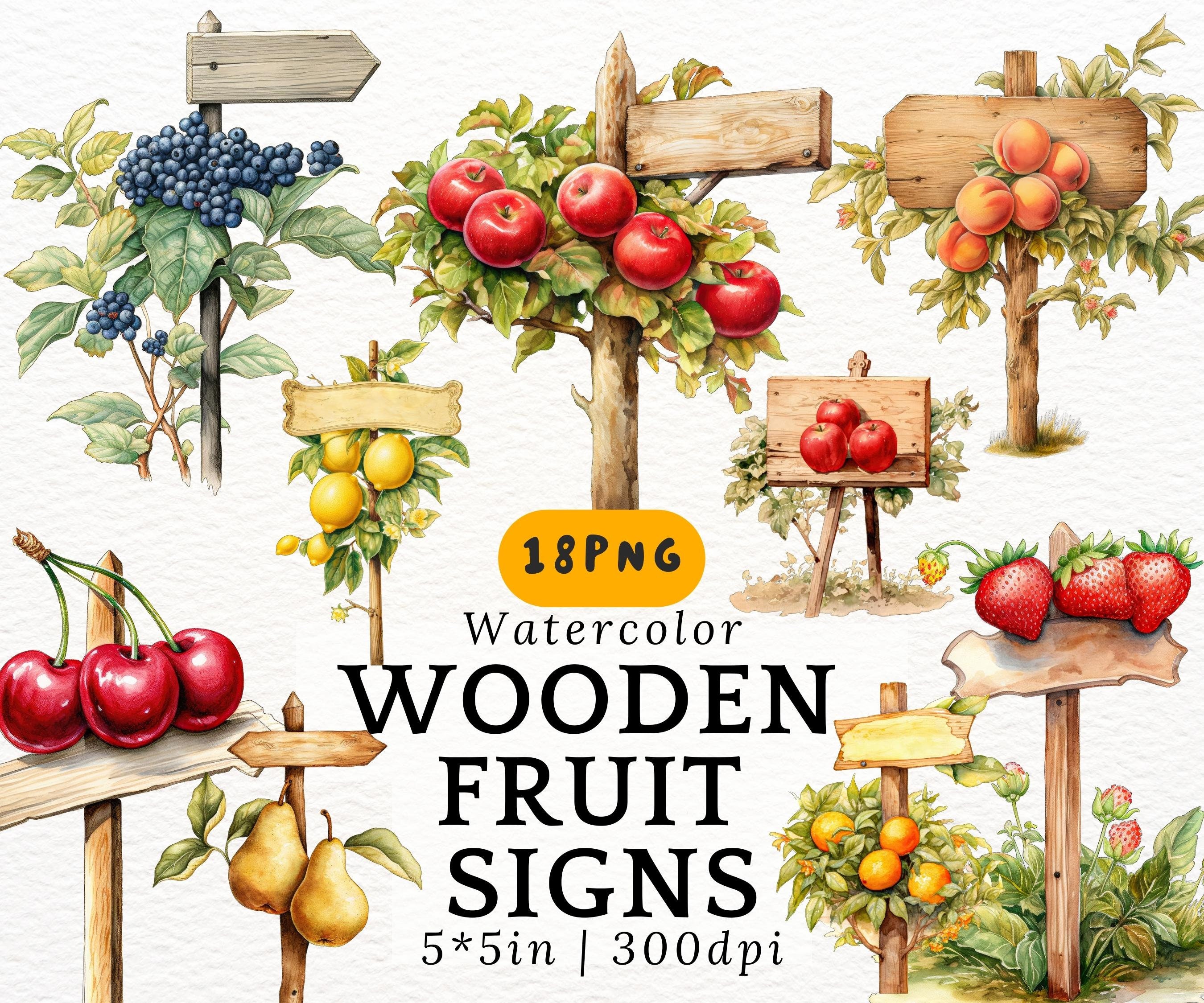 Watercolor Wooden Fruit Signs Clipart, Vintage Village Rustic Road ...