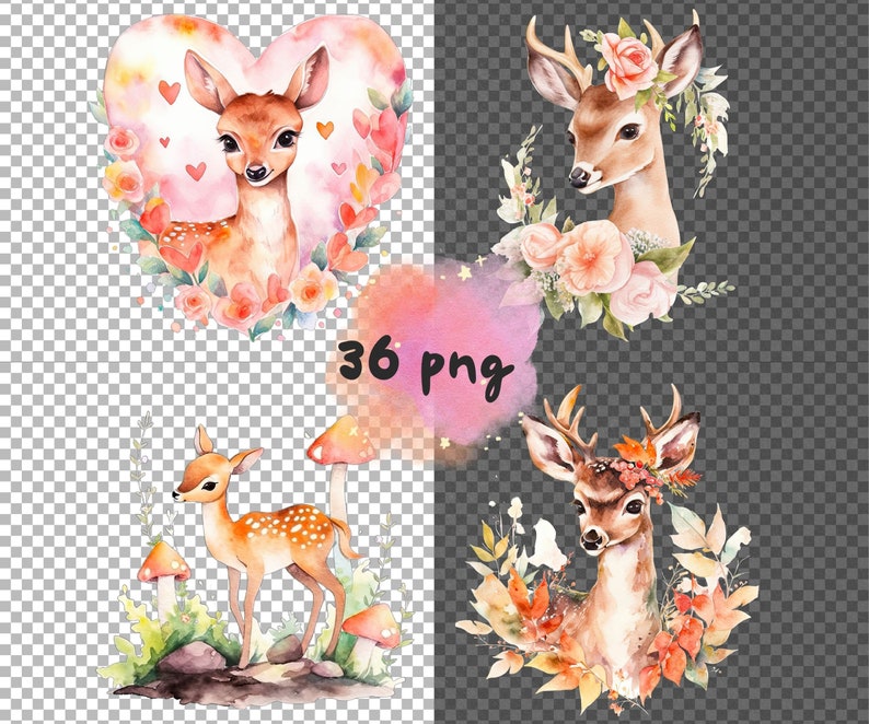 Watercolor Deer Clipart - Baby Fawn Pngs With Floral Wreath, Heart ...