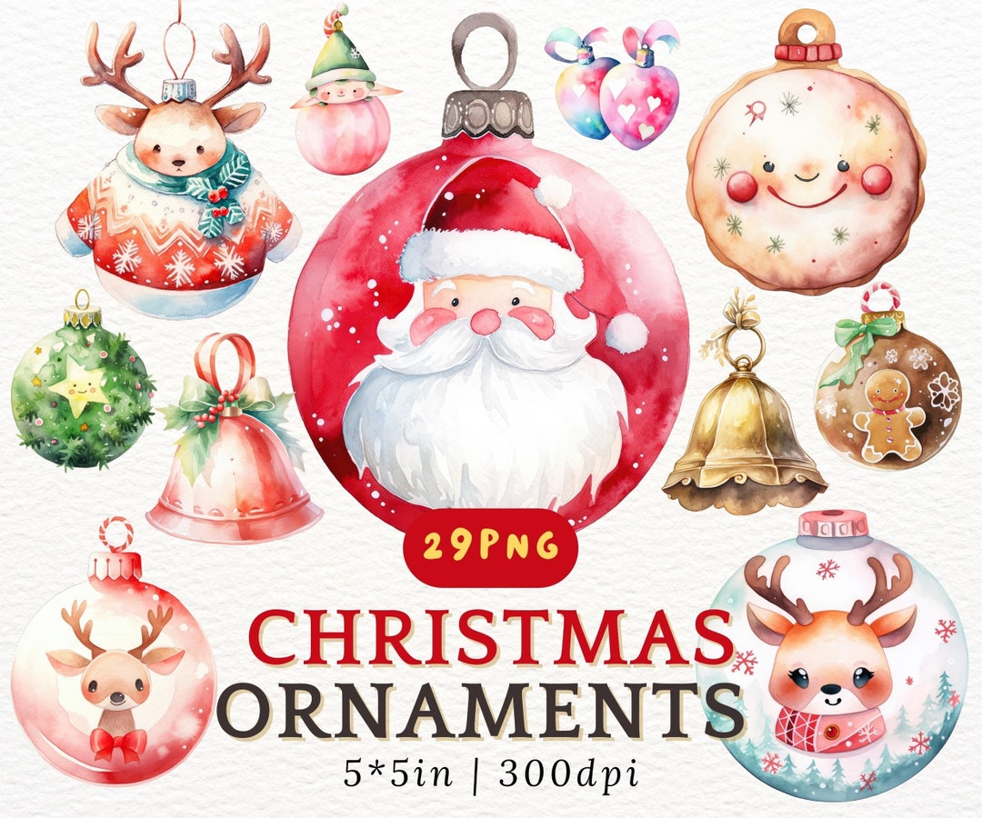 Christmas Ornament Watercolor Clipart - 29 Pngs, Cute Christmas Tree ...