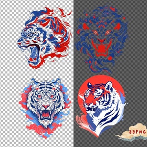 Chinese Porcelain Tiger Clipart, Red Blue Tiger Heads Png,vintage ...