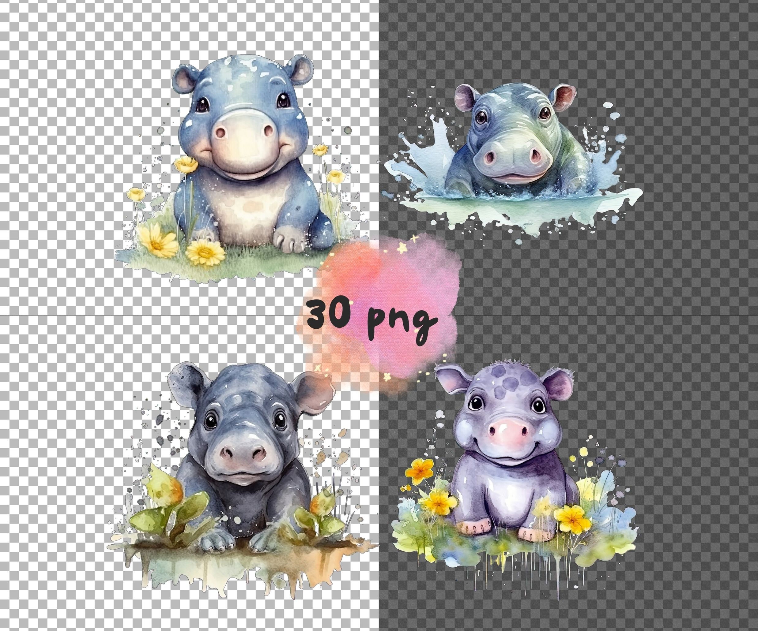 Chubby Hippos Watercolor Clipart Cute Kawaii Cartoon Hippos, Baby ...
