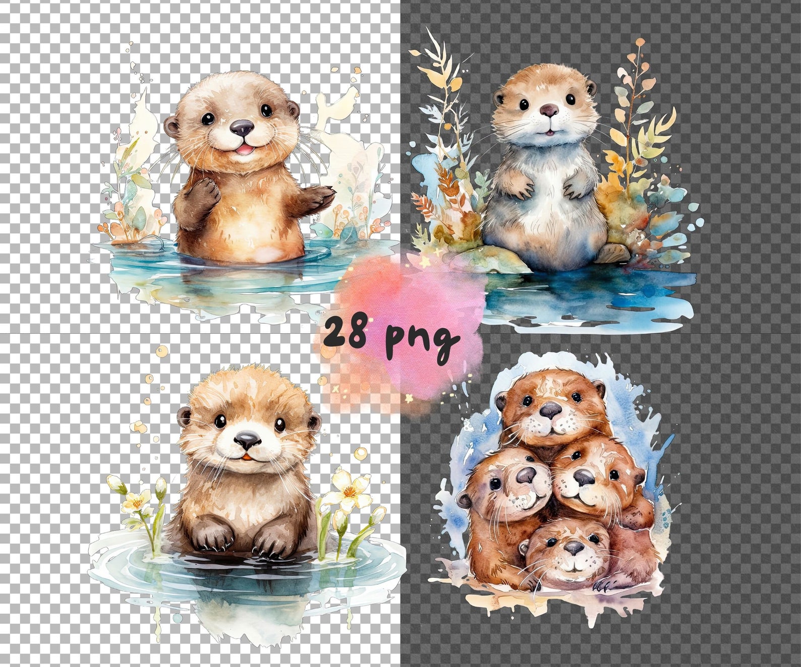 Chubby Otters Watercolor Clipart - Cute Kawaii Cartoon Otters, Baby ...