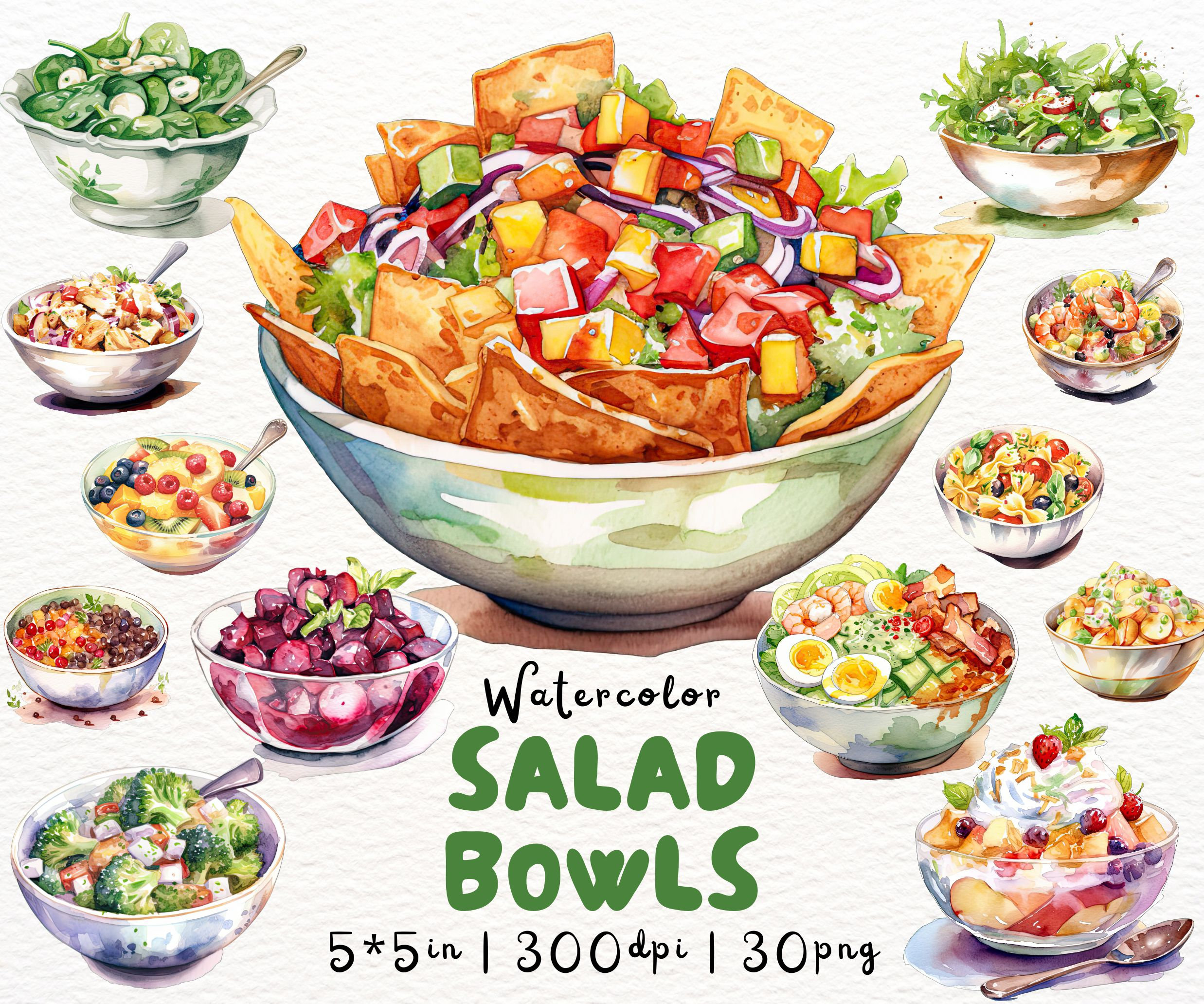 Salad Bowl Clipart Collection, Watercolor Salad Variety Pack, Caesar ...