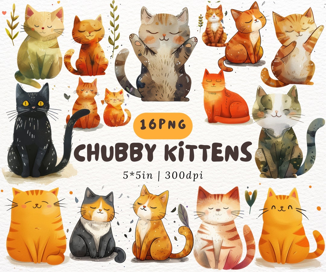 Watercolor Chubby Cat Clipart PNG Cute Sleepy Kittens Digital Download ...