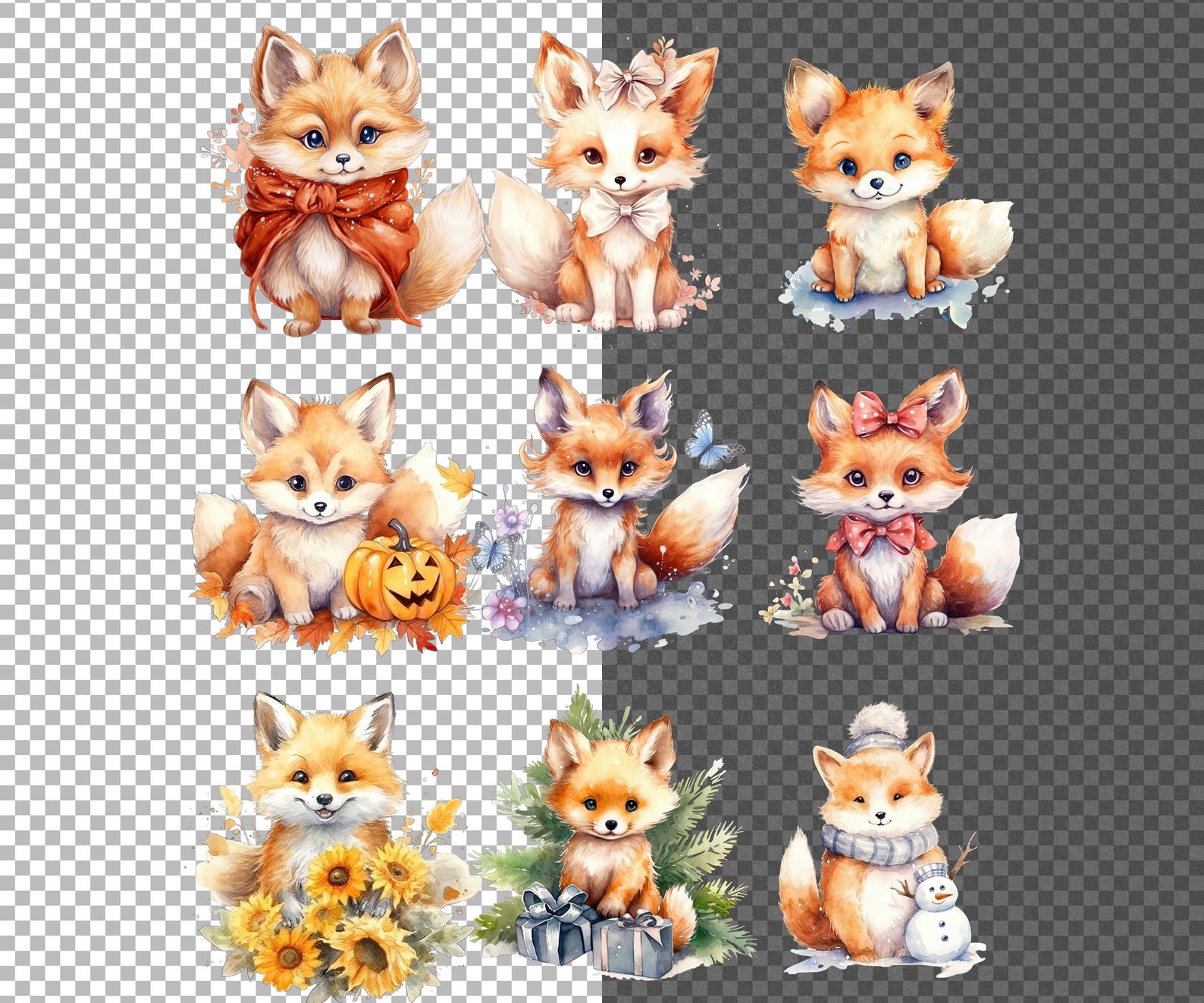 Chubby Foxes Watercolor Clipart Cute Kawaii Cartoon Foxes, Baby Foxes ...