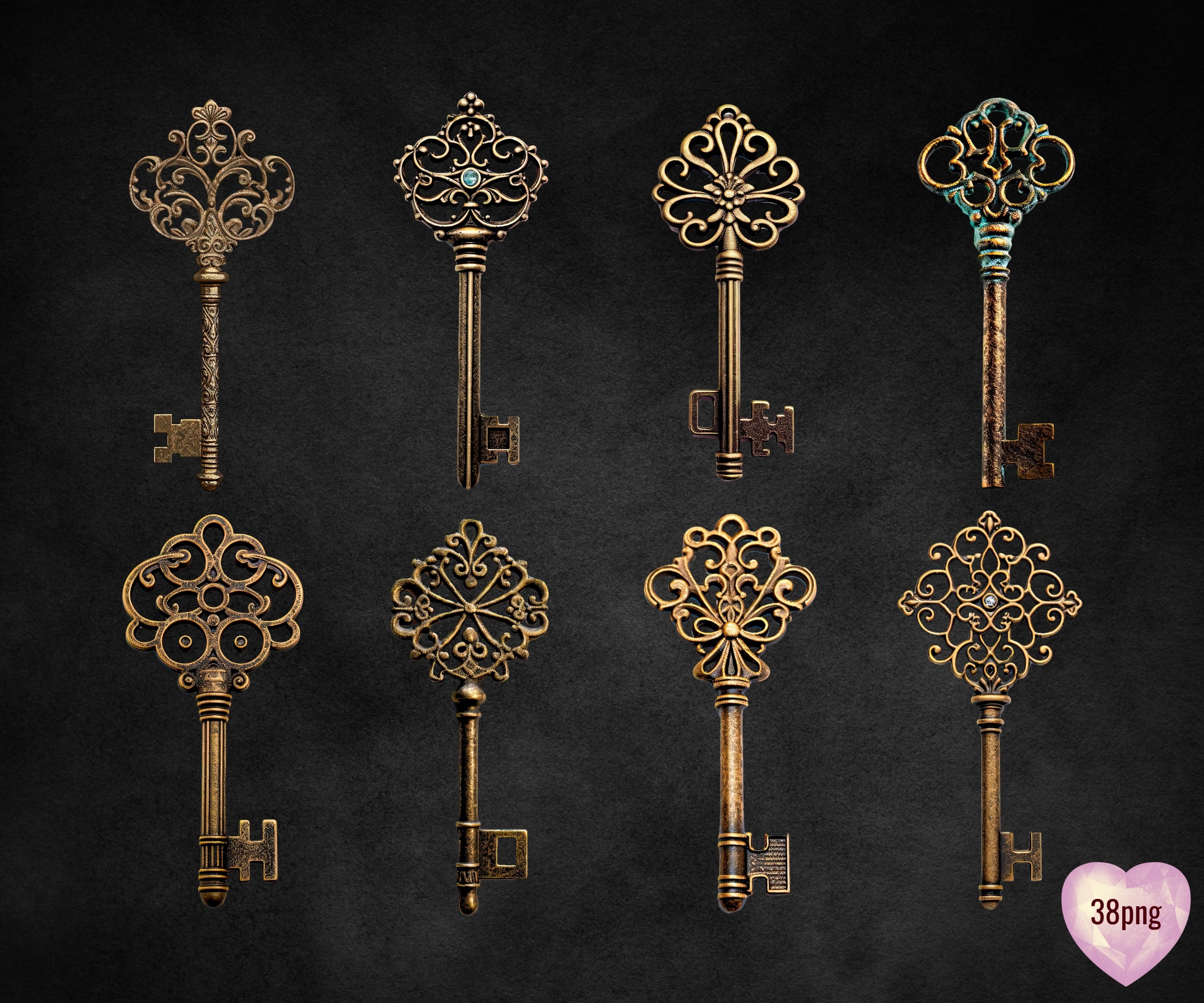 Metal Key Clipart, Vintage Victorian Engraved Metal Key With Gemstone ...