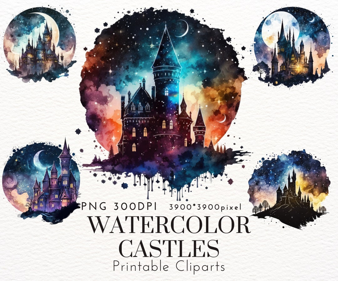 Watercolor Starry Castle Clipart Bundle, 5 Pngs, 300 DPI, Magical ...