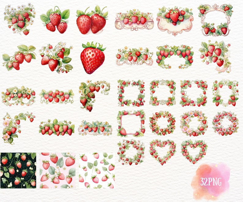 Strawberry Watercolor Clipart, Decorative Frame, Line, Leaf, Fruit ...