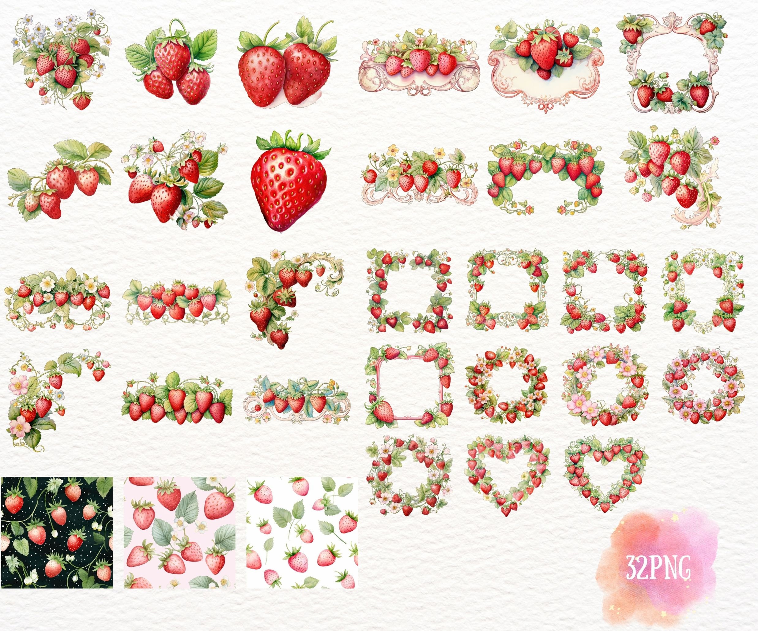 Strawberry Watercolor Clipart, Decorative Frame, Line, Leaf, Fruit ...