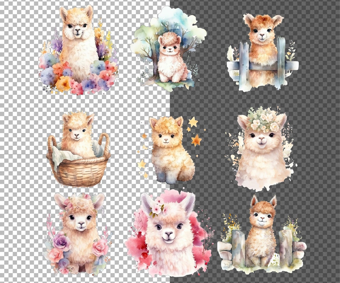 Chubby Alpaca Watercolor Clipart - Cute Kawaii Cartoon Alpacas, Baby ...